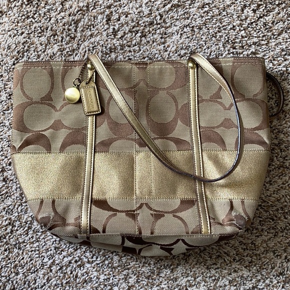 Coach | Bags | Coach Signature Logo Metallic Gold Tote Purse | Poshmark